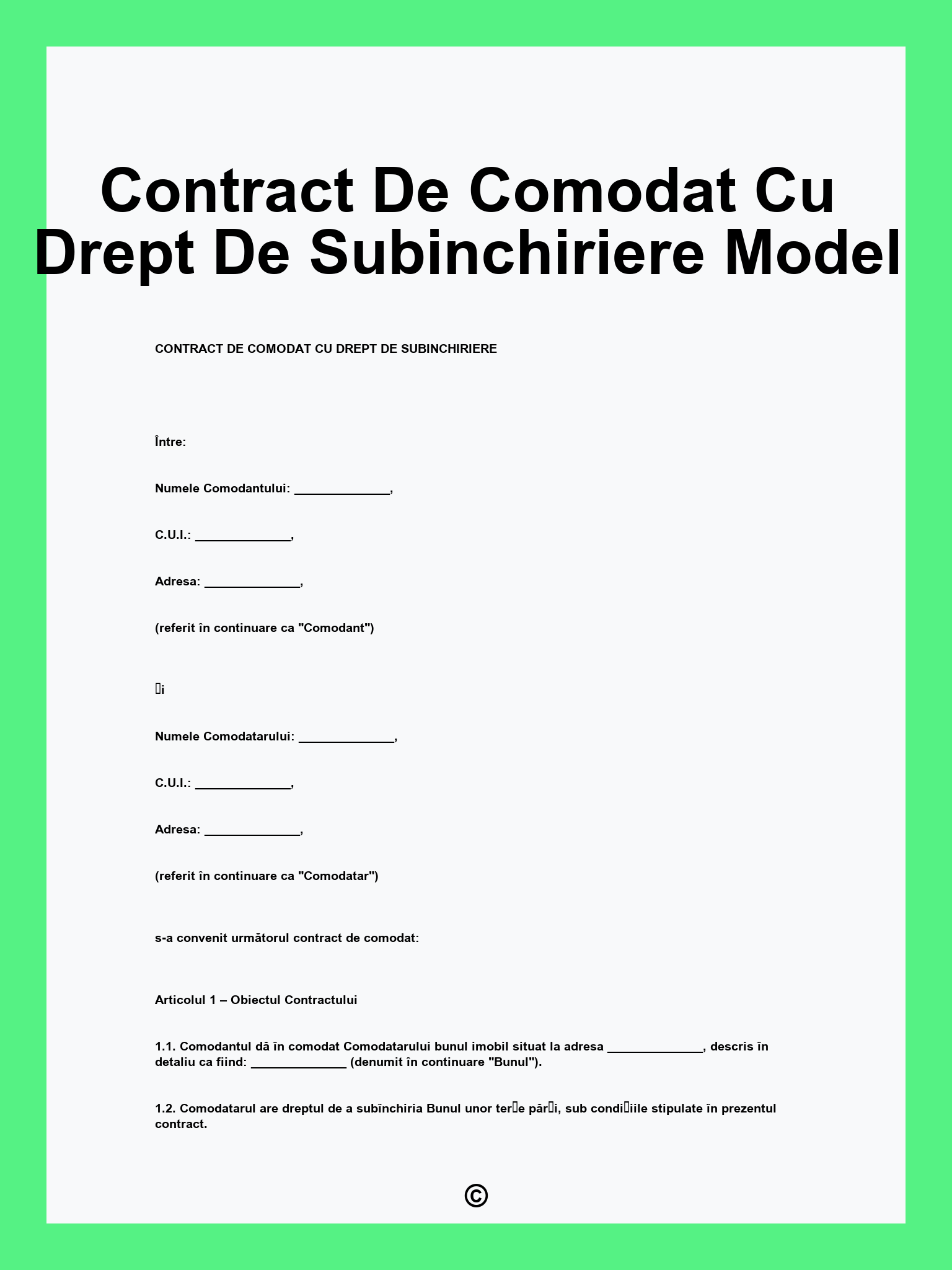 Contract De Comodat Cu Drept De Subinchiriere Model